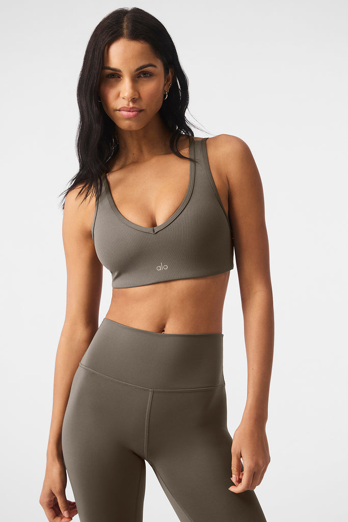 Airlift Ribbed Jump Start V-Neck Bra - Olive Tree | Alo Yoga