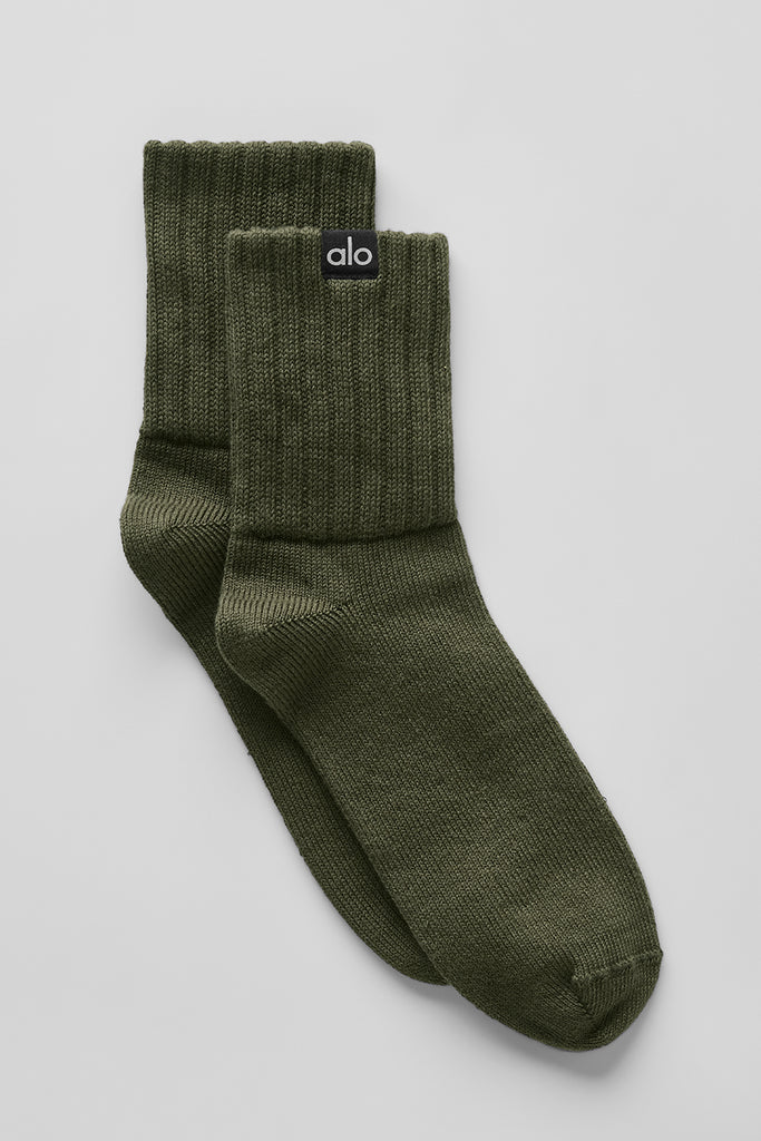 Unisex Half-Crew Scrunch Sock - Green Olive | ALO