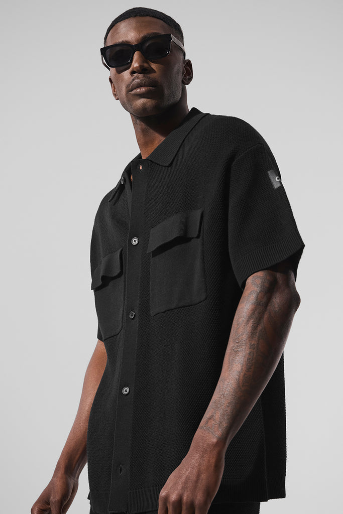 Sports Club Sweater Knit Short Sleeve Button Up - Black | ALO