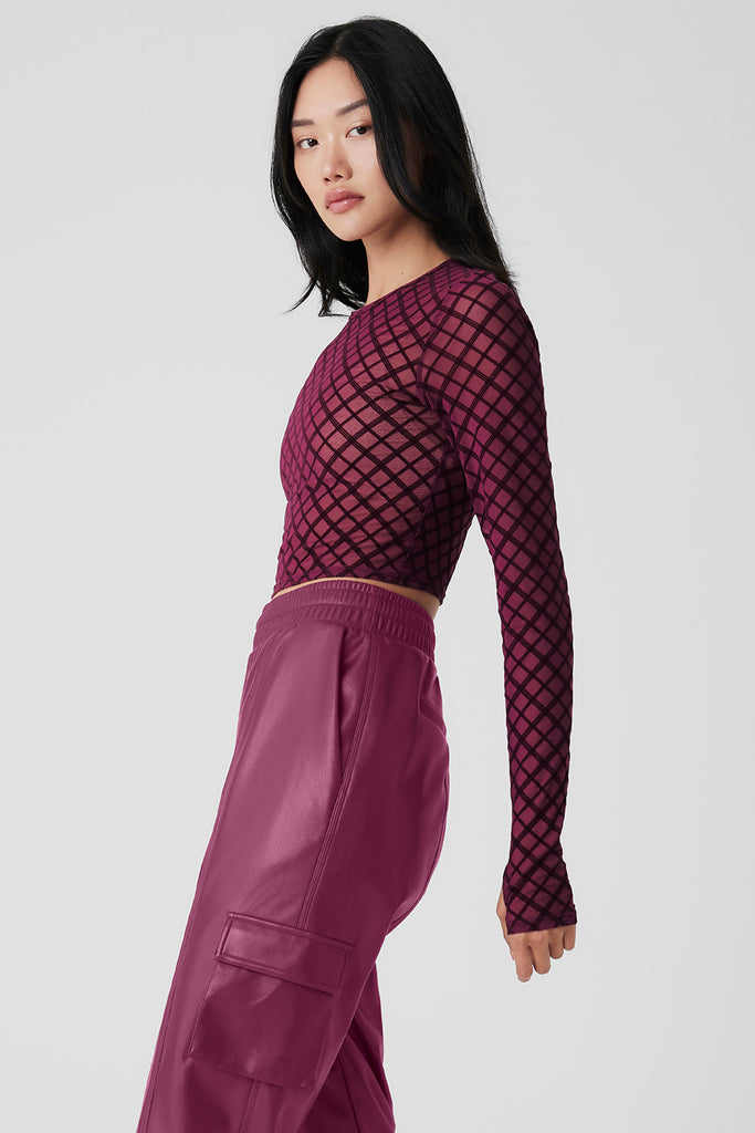 Mesh Plaid Cropped Long Sleeve Top - Wild Berry | Alo Yoga