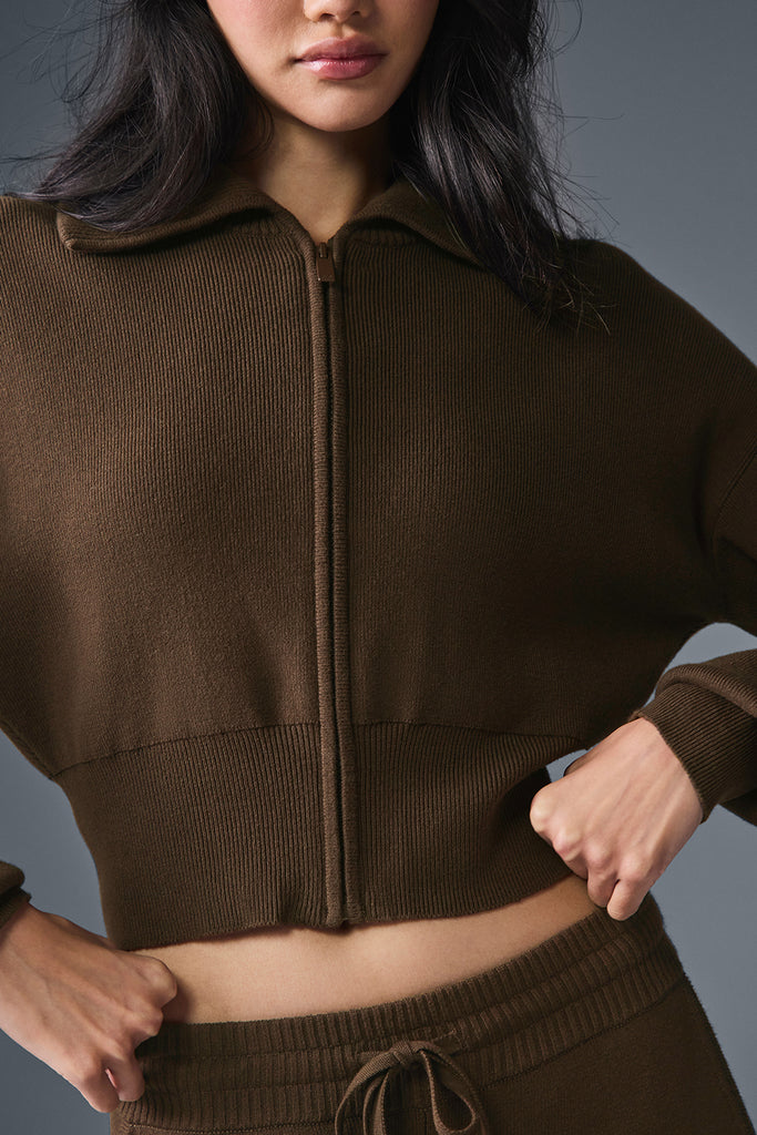 Scholar Knit Cropped Full Zip Jacket - Espresso | Alo Yoga
