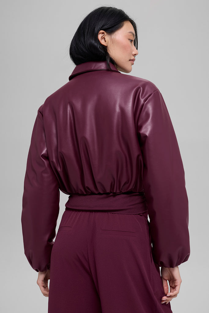 Faux Leather Cropped Premier Bomber - Burgundy | ALO