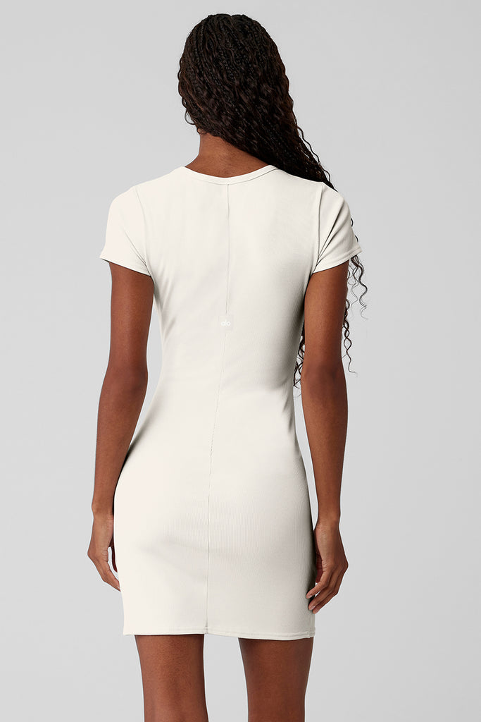 Goddess Ribbed Short Sleeve Dress - Ivory | ALO
